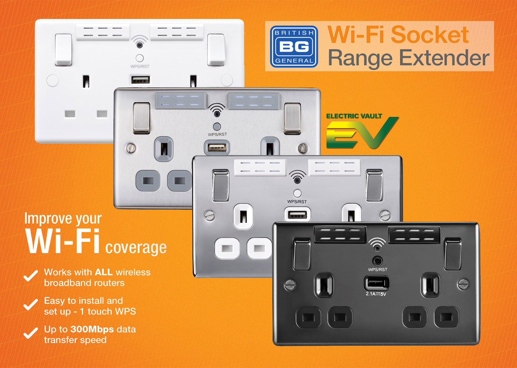 BG Wifi Repeater 13A Double Socket with USB Charger White Brushed ...